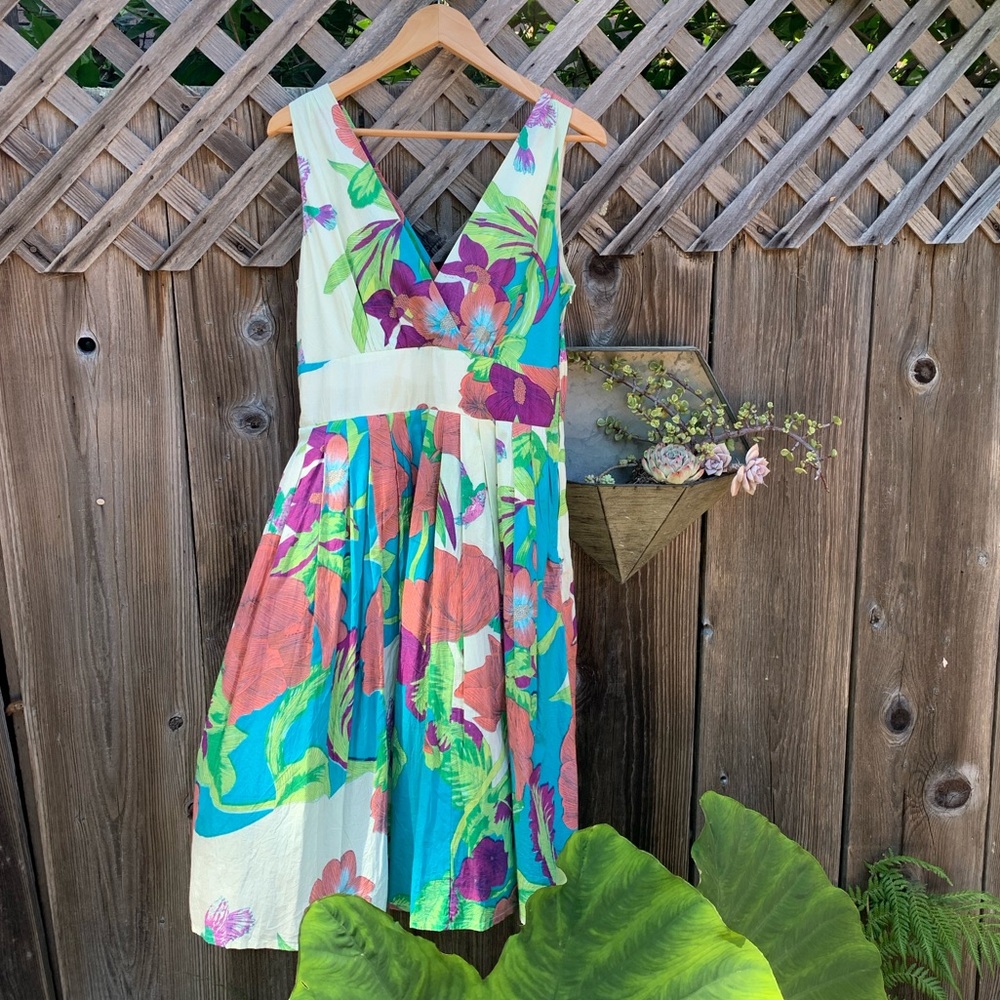 Aryeh Tropical Floral Tea Length Cotton Dress - Gem